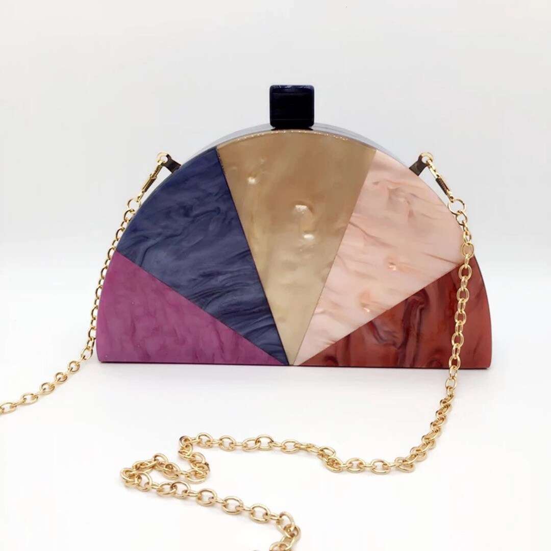 Multicolored Pie Half Moon Acrylic Clutch With the Gold Chain, Navy and ...