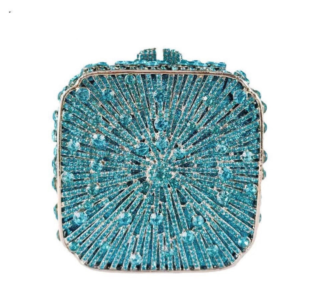 Bridal Wedding Box Clutch, Aqua Blue Crystal Rhinestone Square Box ...