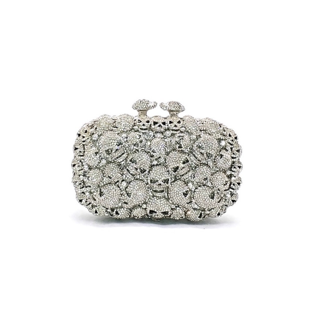 Funky Skull Hollow Out Silver Crystal Clutch, Silver Crystal Clutch in ...