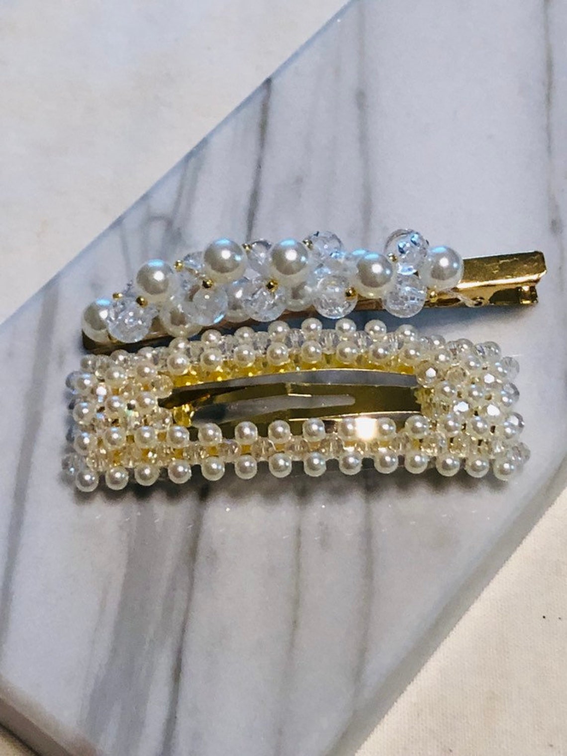 Set of 2 Clear Crystal Bead and Faux Pearl Mixed Barrett | Etsy