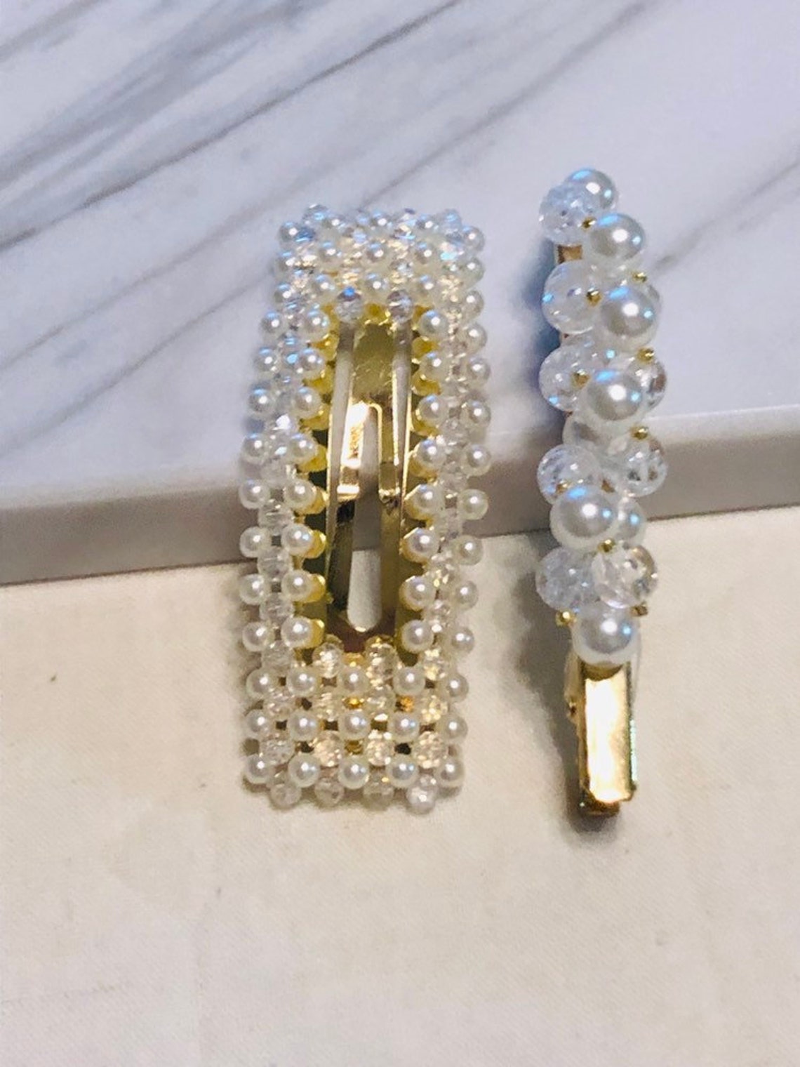 Set of 2 Clear Crystal Bead and Faux Pearl Mixed Barrett | Etsy