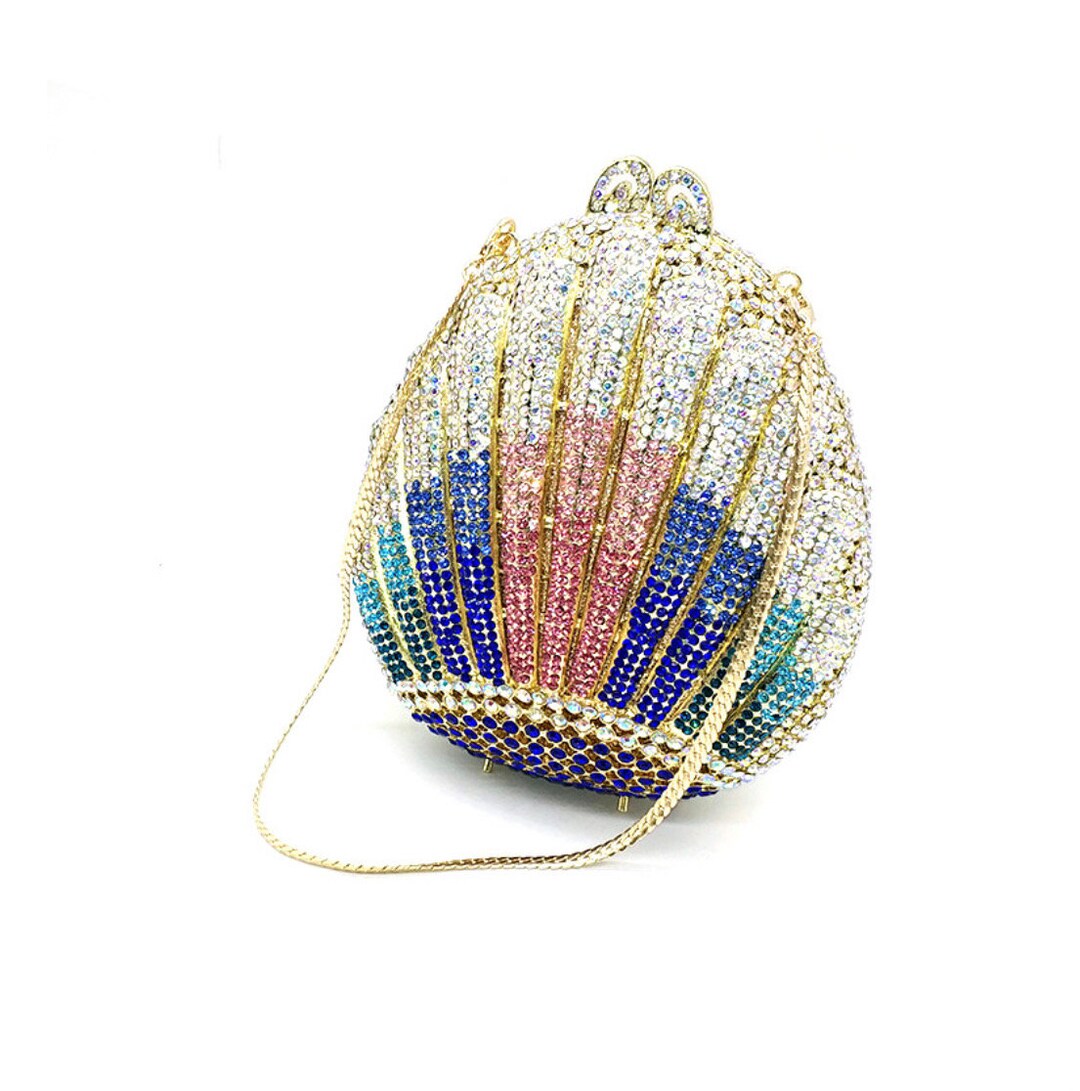 Sea Shell Crystal Rhinestone Clutch, Blue and Pink Crystal Clutch ...