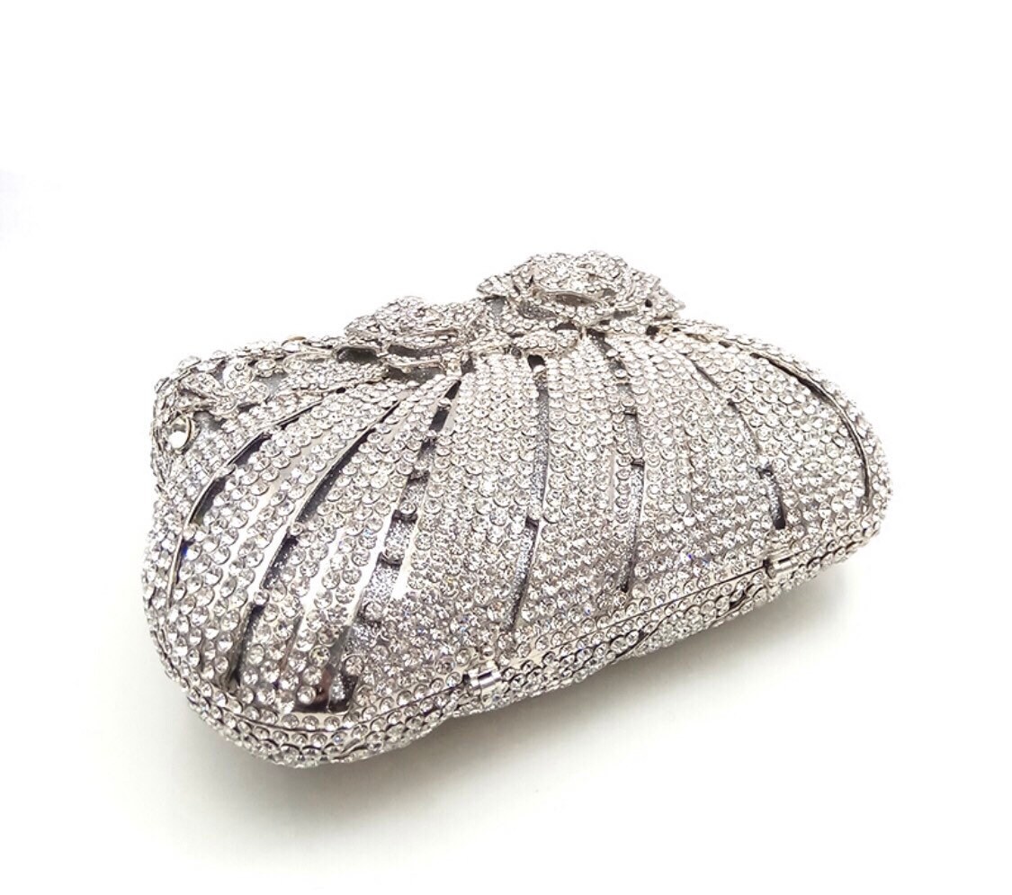 Bridal wedding clutch Silver crystal rose flower crystal | Etsy