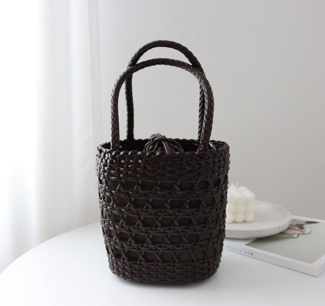Genuine Cowhide Leather Weaving Bucket Bag, Black Leather Weaving Bag ...