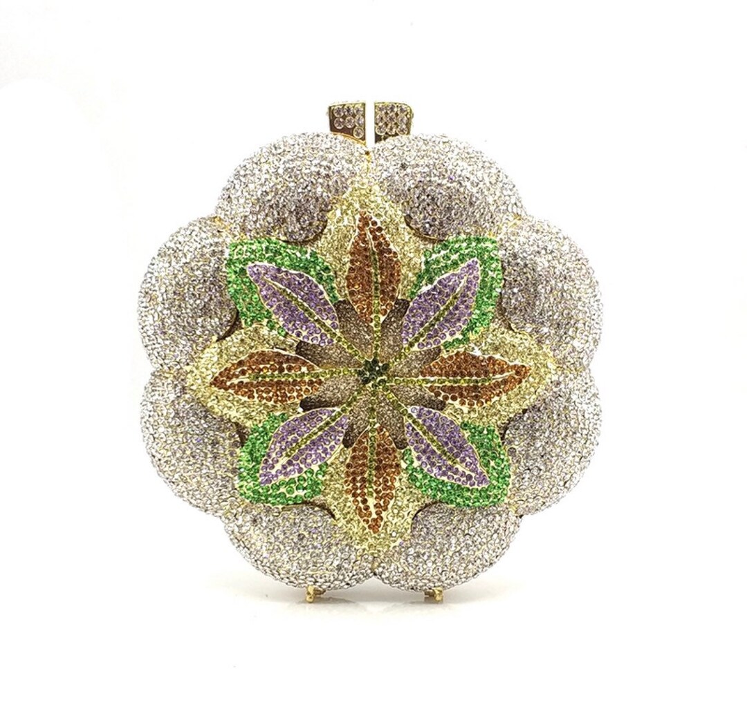 Purple and Silver Crystal Rhinestone Flower Clutch, Flower Blossom ...