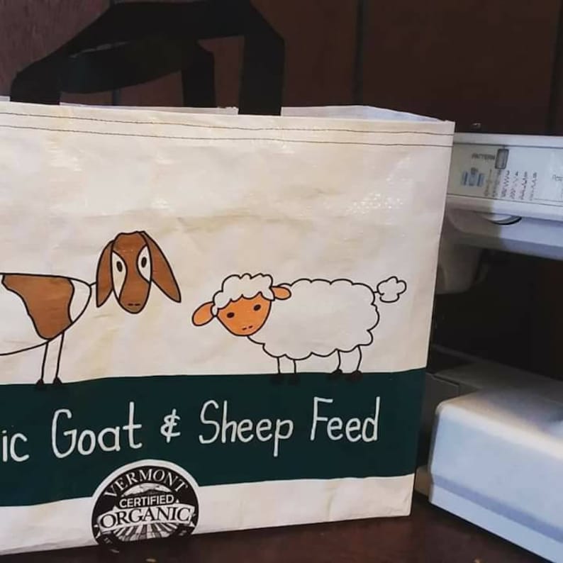 Cartoon-style Goat & Sheep Tote! Feed Bag Up-cycled Into a Sturdy Tote ...