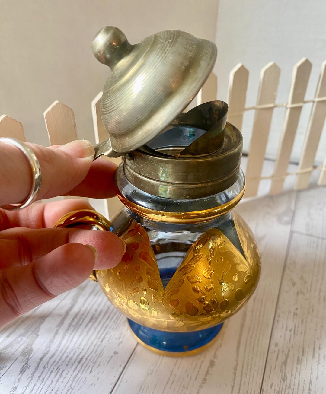 Antique Syrup Pitcher Bohemian Blue Glass Gold Enamel Embossing Hinged ...