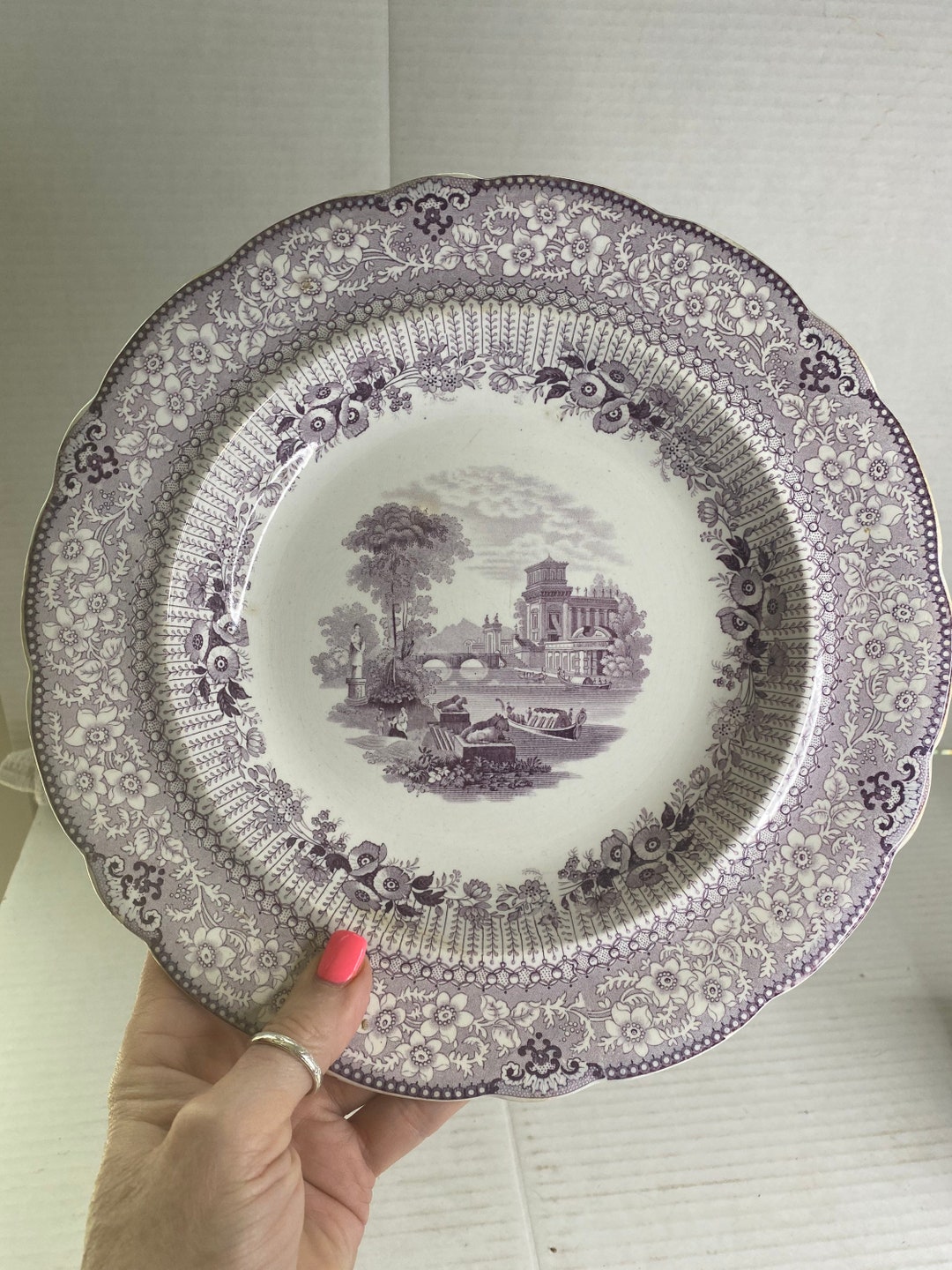 Antique Purple Transferware Rimmed Soup Bowl 10 3/8 Inches, 19th ...