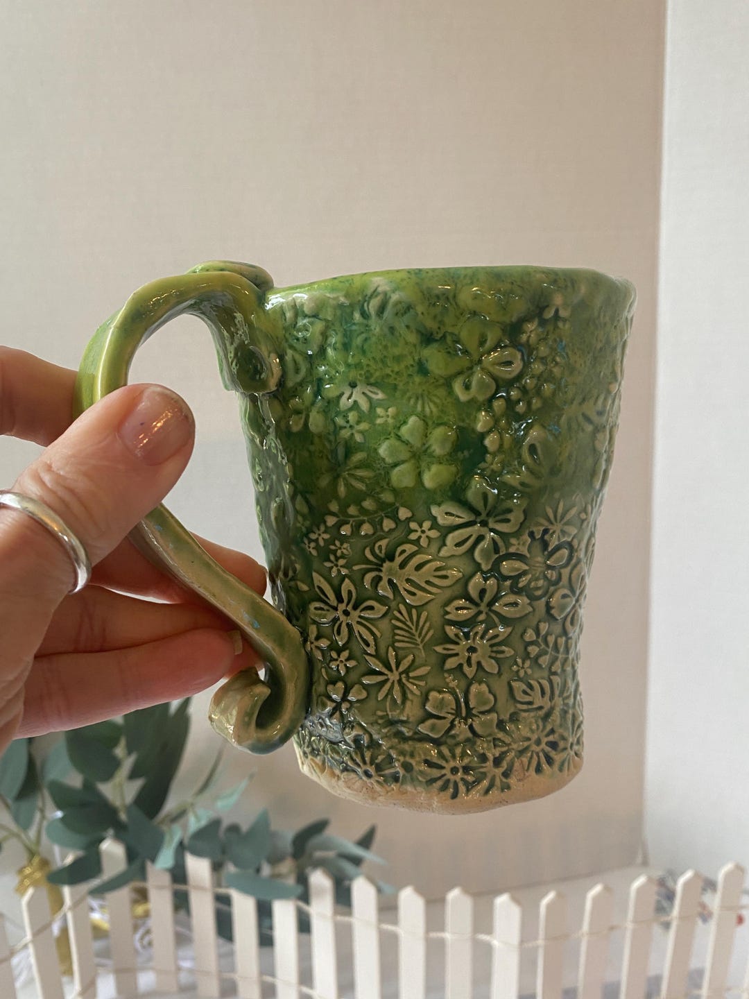 Pottery Mug Handmade Marked Signed Embossed Flowers Bees C A Bee Stamp ...