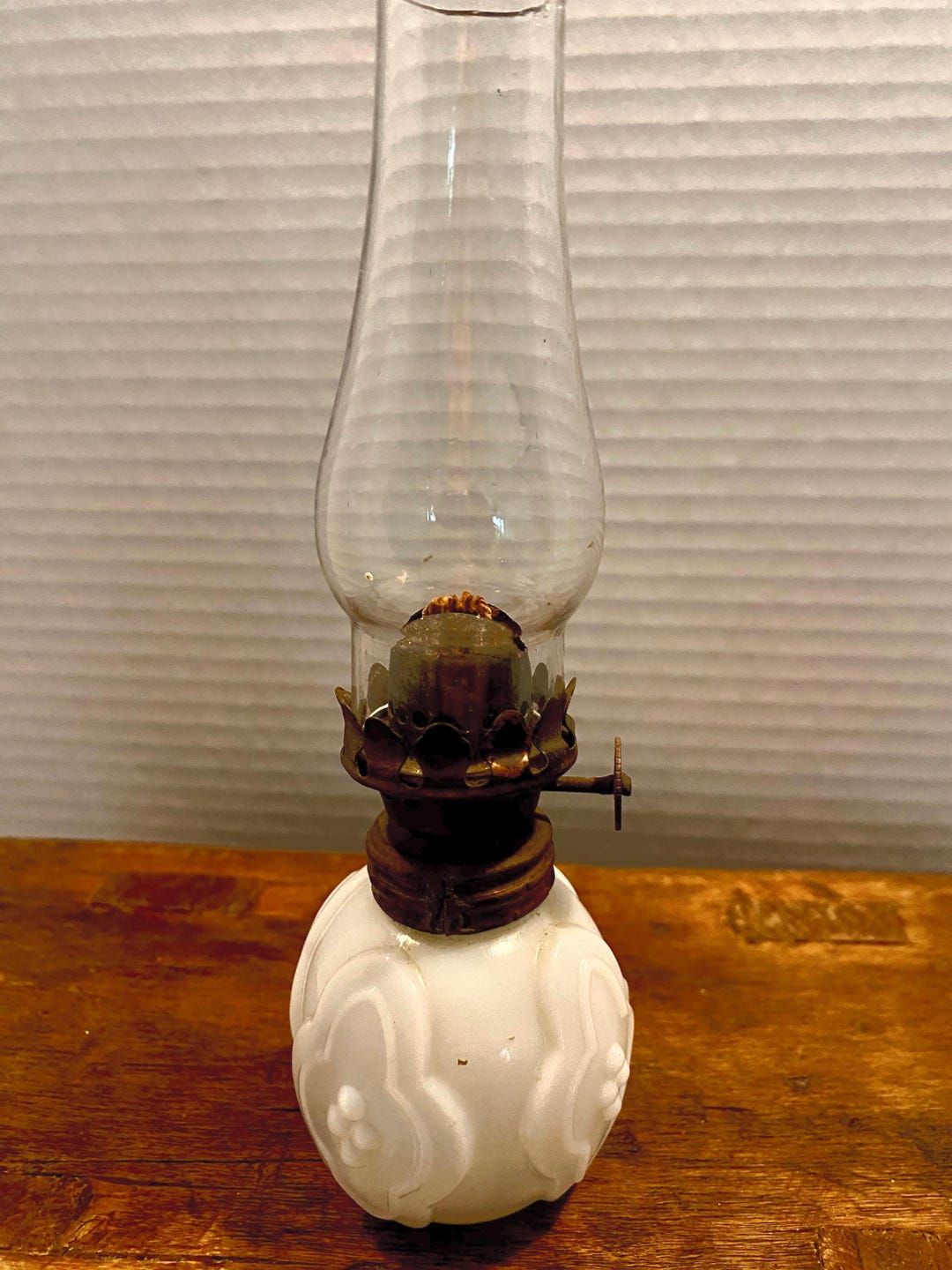 Miniature Vintage Oil Lamp, Embossed Milk Glass Lamp , Mini Hurricane ...