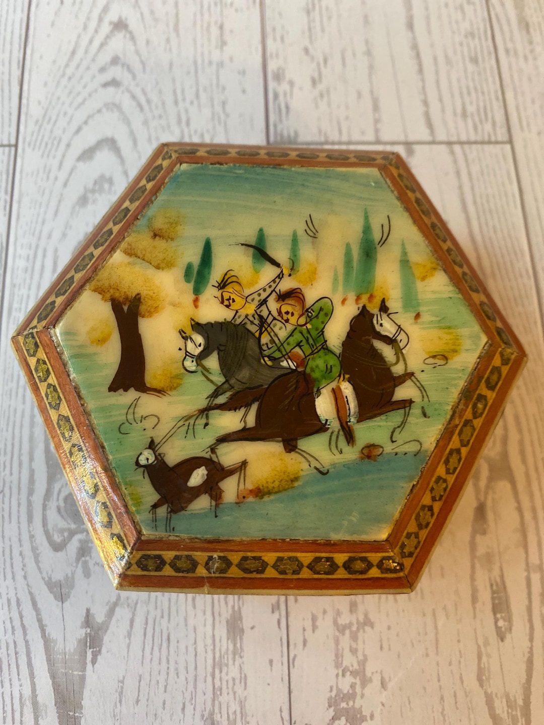 Vintage Parisian Inlaid Mosaic Wood Trinket Box Khatam Hunting Scene ...