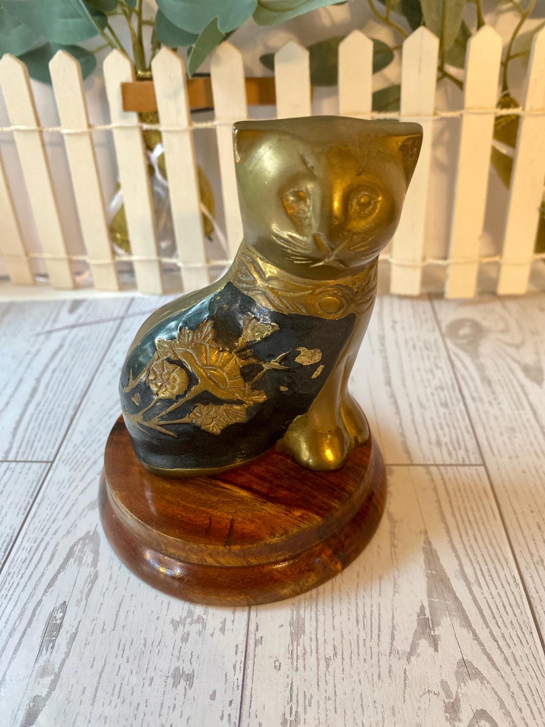 Vintage Brass Cat With Black Enamel Inlay on Wood - Etsy