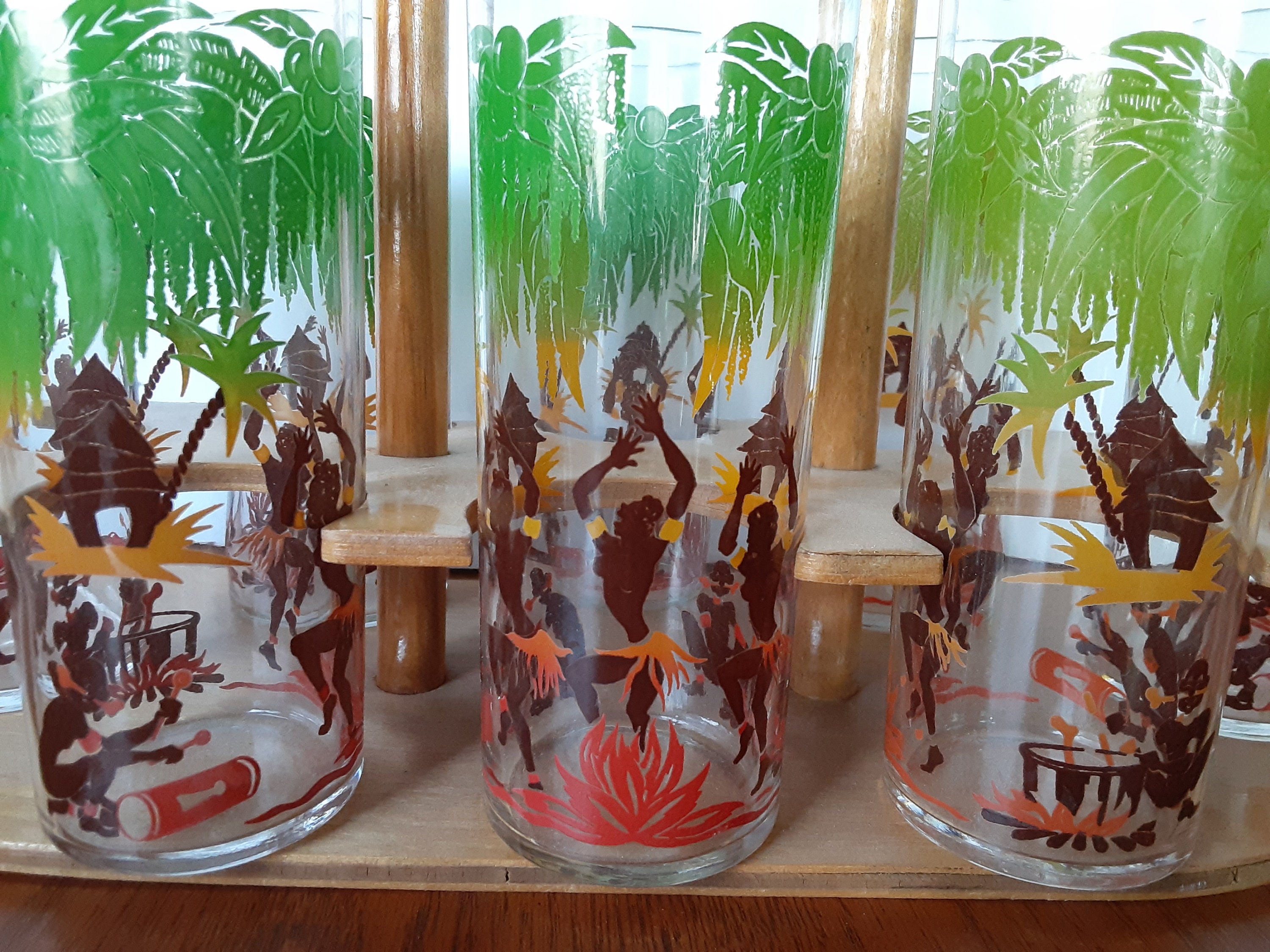 Federal Glass Tiki Tribal Cannibal Cocktail Glasses & Caddy | Etsy