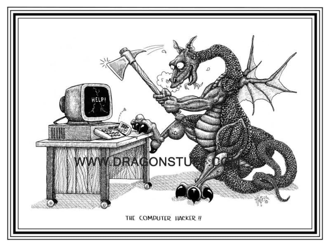 Computer Hacker. Drawing of a Dragon "hacking" a Computer to Pieces. - Etsy