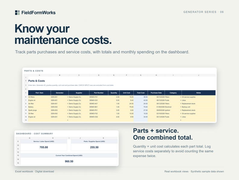 Generator Maintenance Tracker Excel Template | Runtime Log, Service ...