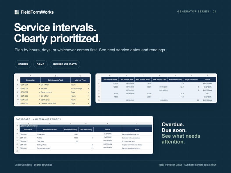 Generator Maintenance Tracker Excel Template | Runtime Log, Service ...