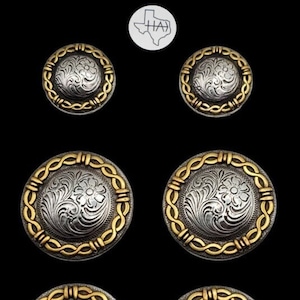 Set of 6 - Saddle Set Conchos With Antique Sterling and Gold Barbwire ...