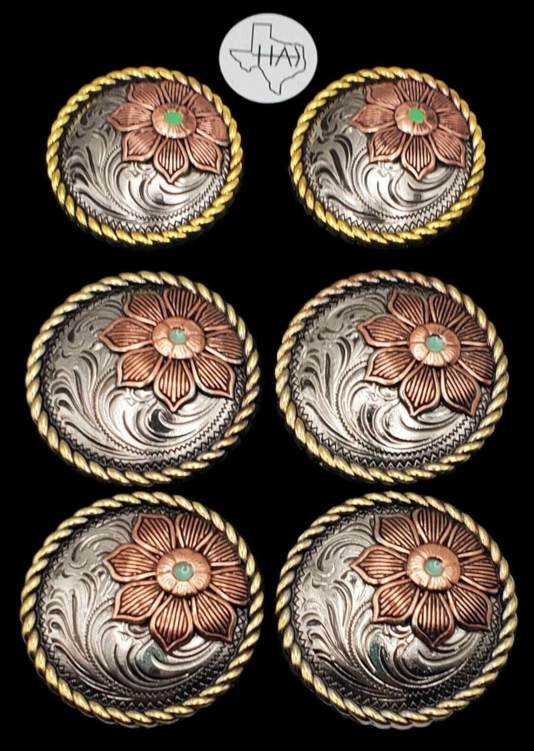 Set of 6 - Saddle Concho Set Antique Nickel, Copper, Brass and a Spot ...