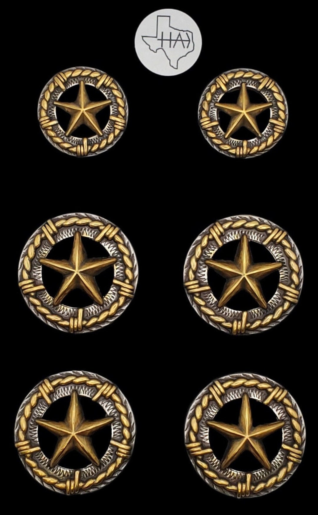 Set of 6 - Saddle Set Conchos With Antique Sterling and Gold 3-D Stars ...