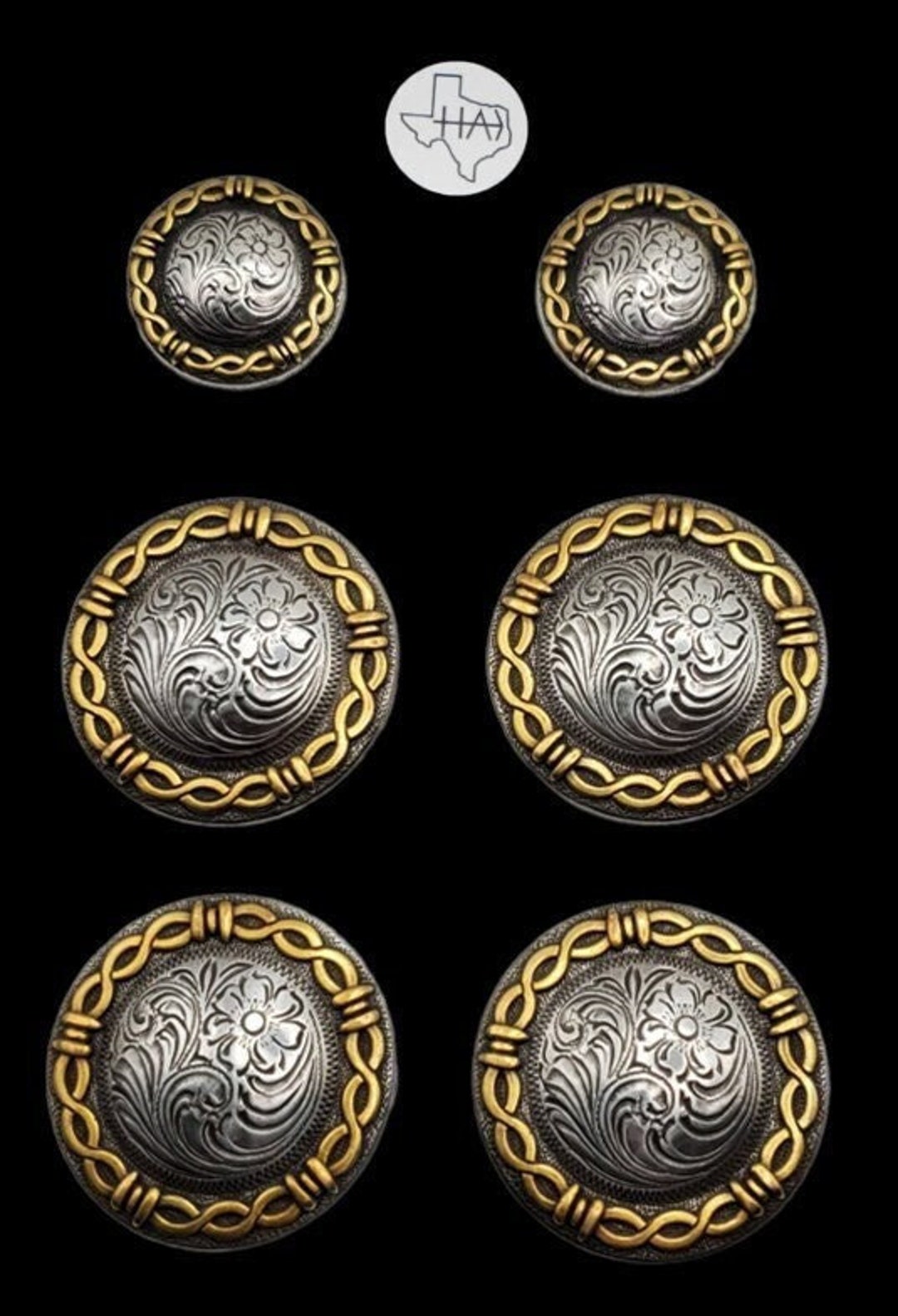 Set of 6 - Saddle Set Conchos With Antique Sterling and Gold Barbwire ...