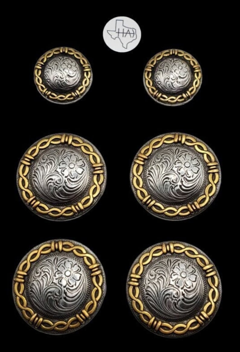 Set of 6 - Saddle Set Conchos With Antique Sterling and Gold Barbwire ...
