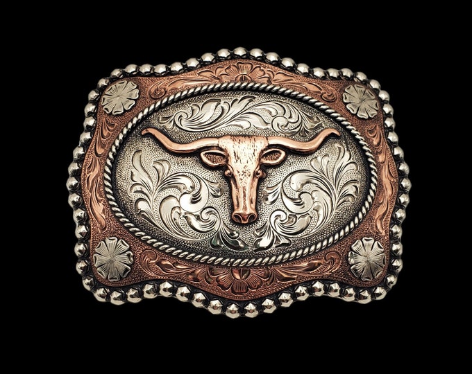 German Silver and Copper Longhorn Trophy Buckle - Etsy
