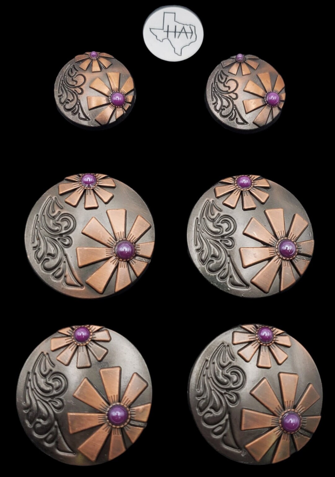 Set of 6 - New West Saddle Concho Set Antique Nickel, Copper and Purple ...