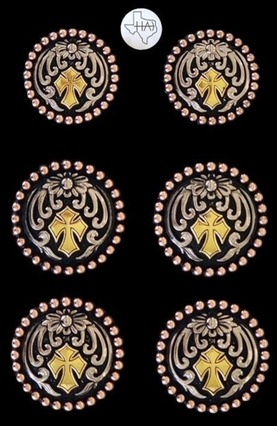 Set of 6 - Cascade Cross Saddle Concho Set Antique Nickel, Copper ...