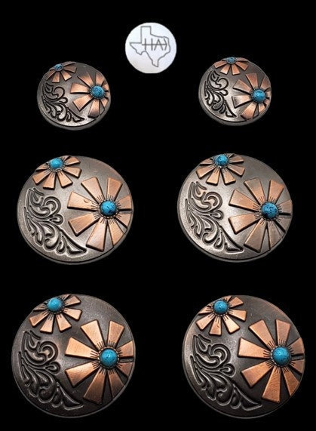 Set of 6 - New West Saddle Concho Set Antique Nickel, Copper and ...