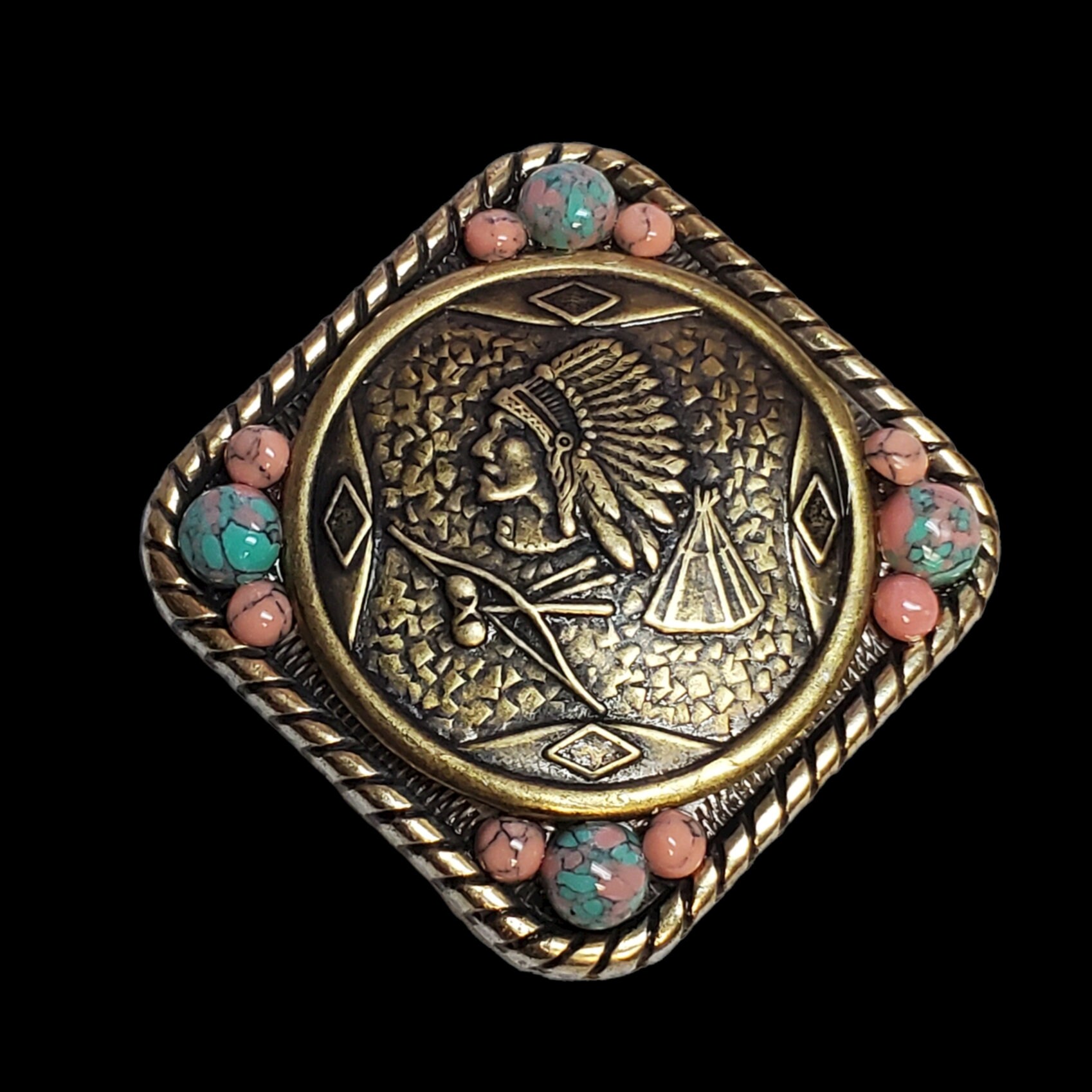 Brass Chief Diamond Concho With Pink Coral and Pink/turq Cabochons - Etsy