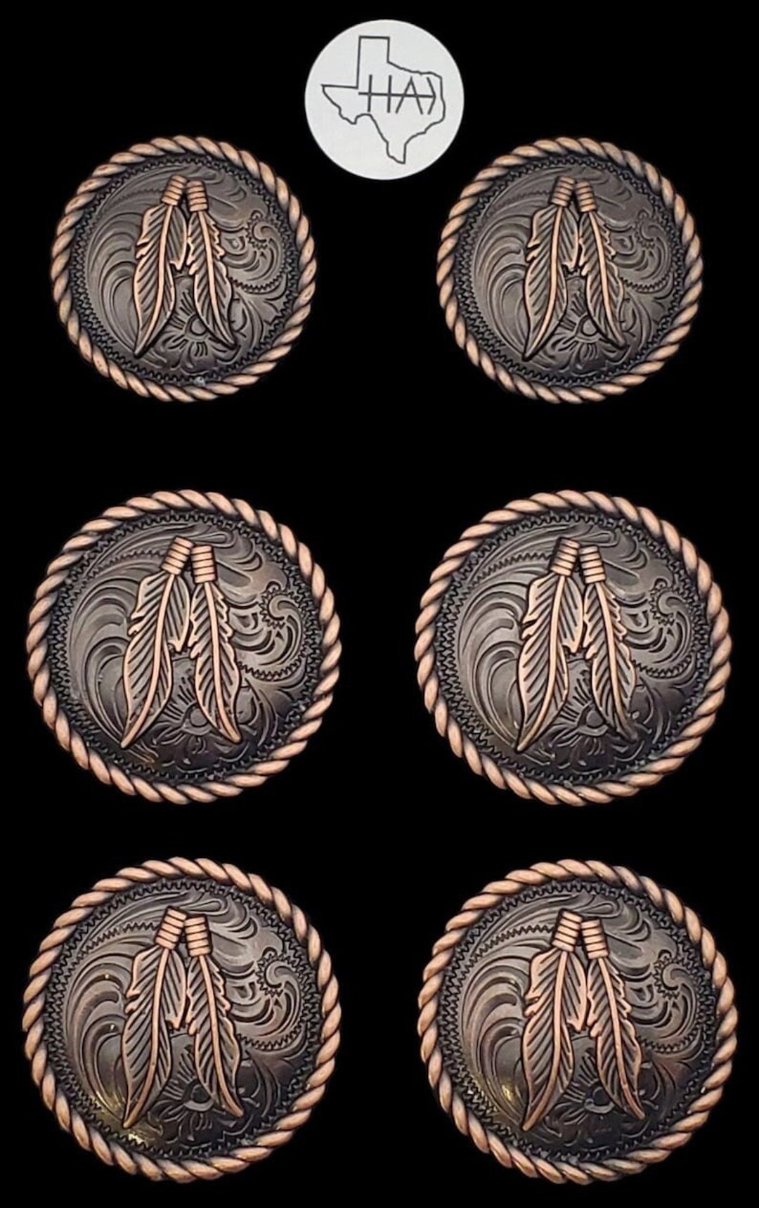Set of 6 - Saddle Set Conchos With Feathers in Antique Copper - Etsy