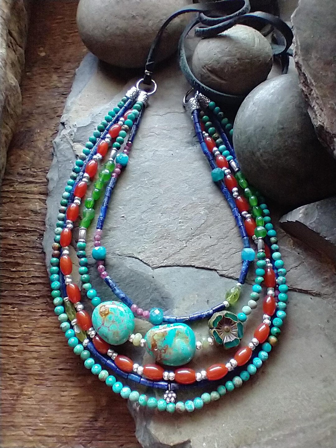 Colorful Bohemian Layered Necklace • Turquoise, Ruby, Lapis, Apatite ...
