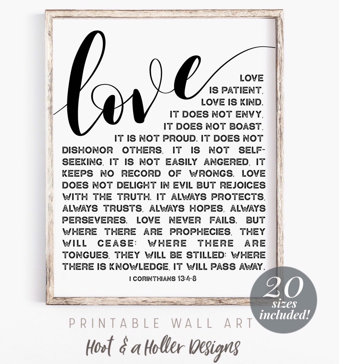 Love is Patient Kind 1 Corinthians 13 4-8 Printable Wall Art Scripture ...