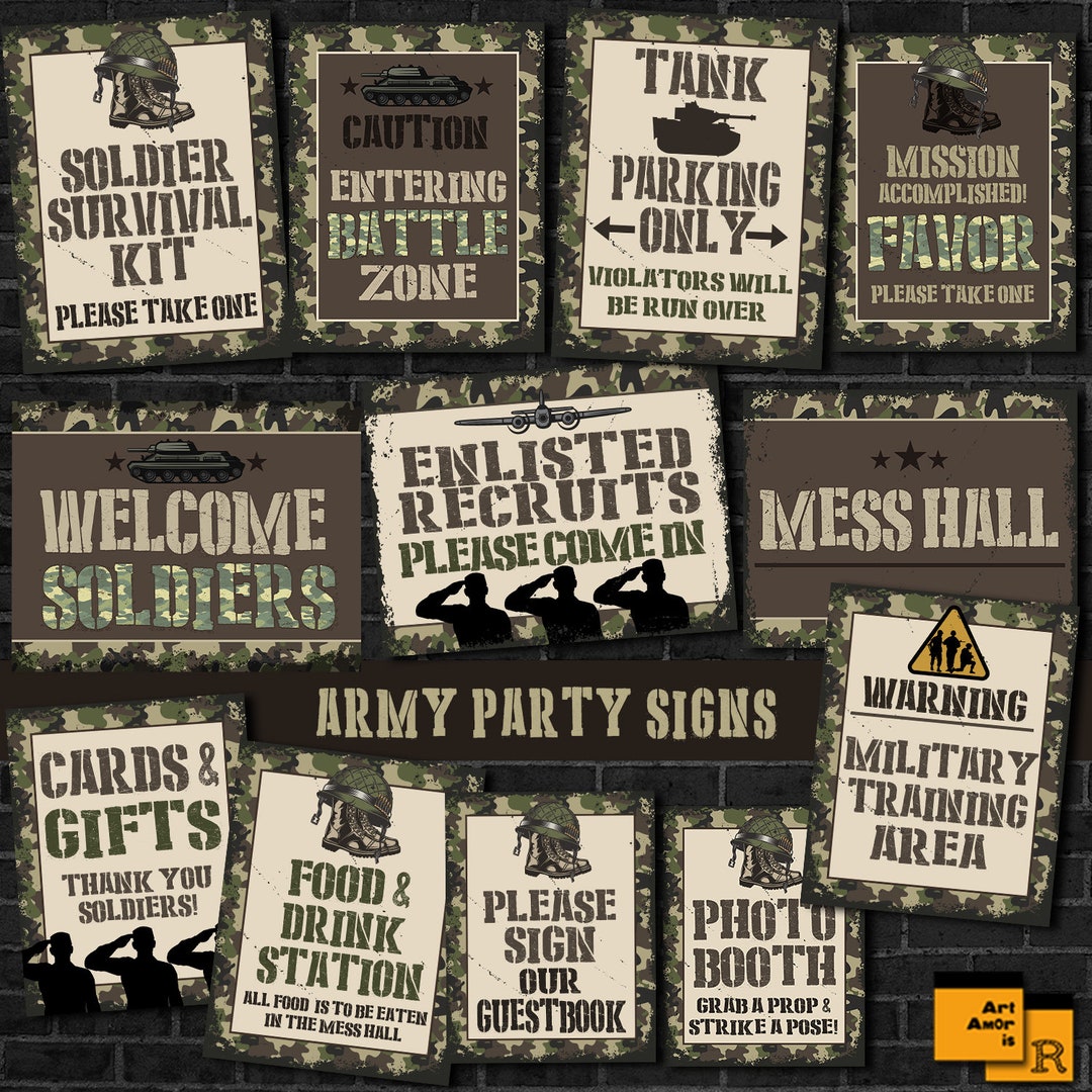 Army Party Signs, Military Camo Army Printables, Soldier Birthday Party ...