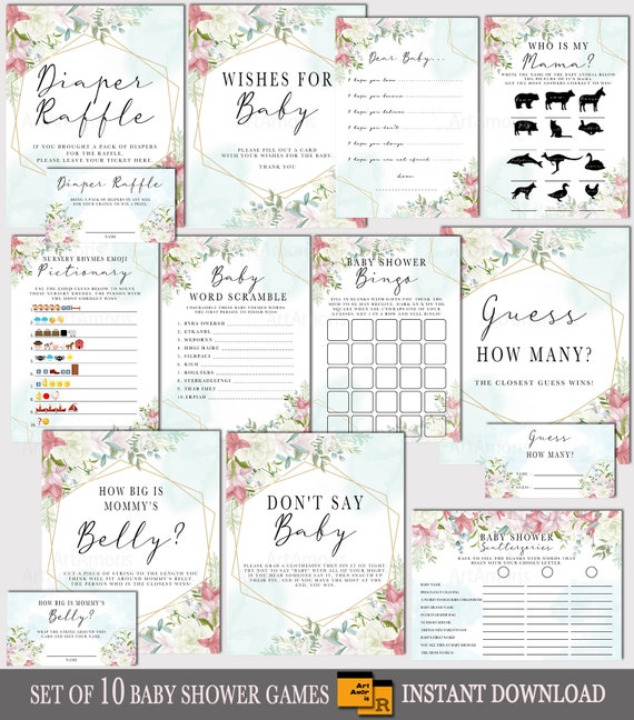 Girl Baby Shower Games Bundle Pink Floral Baby Shower Party | Etsy