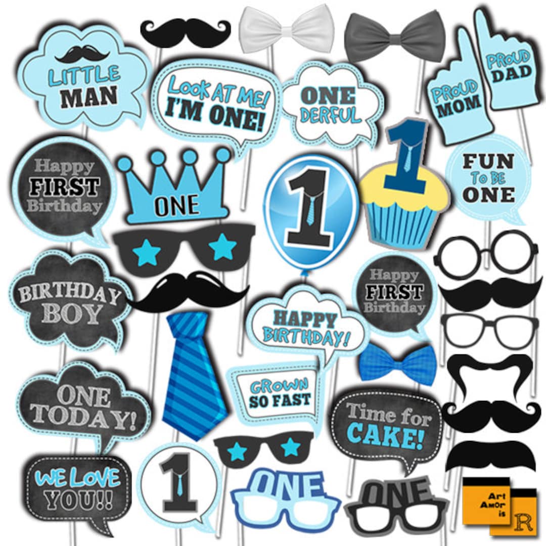 Boy 1st Birthday Photo Booth Props, First Birthday, Boy Birthday Party ...