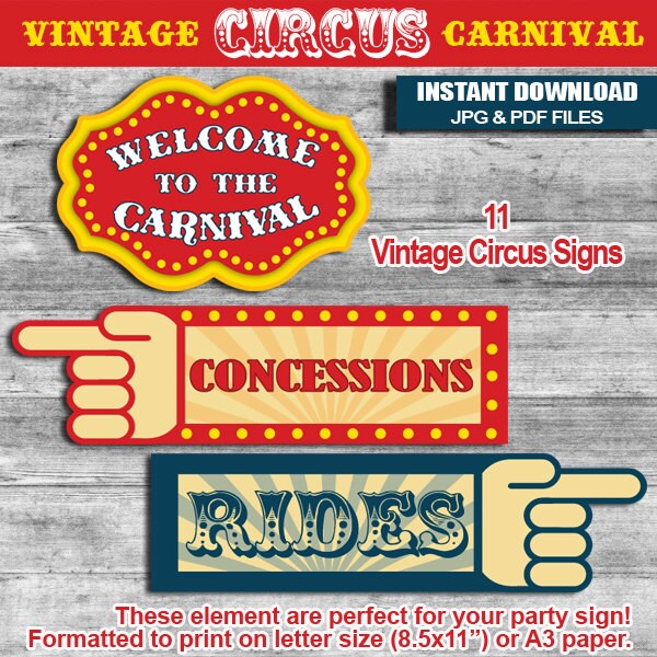Vintage Circus Carnival Party Signs, Instant Download A3 Size JPG & PDF ...