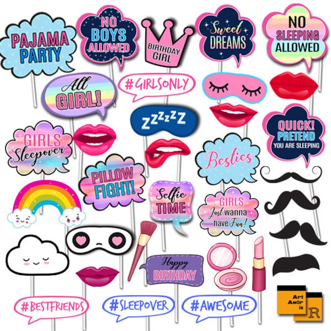 Sleepover Photo Booth Props, Girl Sleepover Birthday Party, Sleepover ...