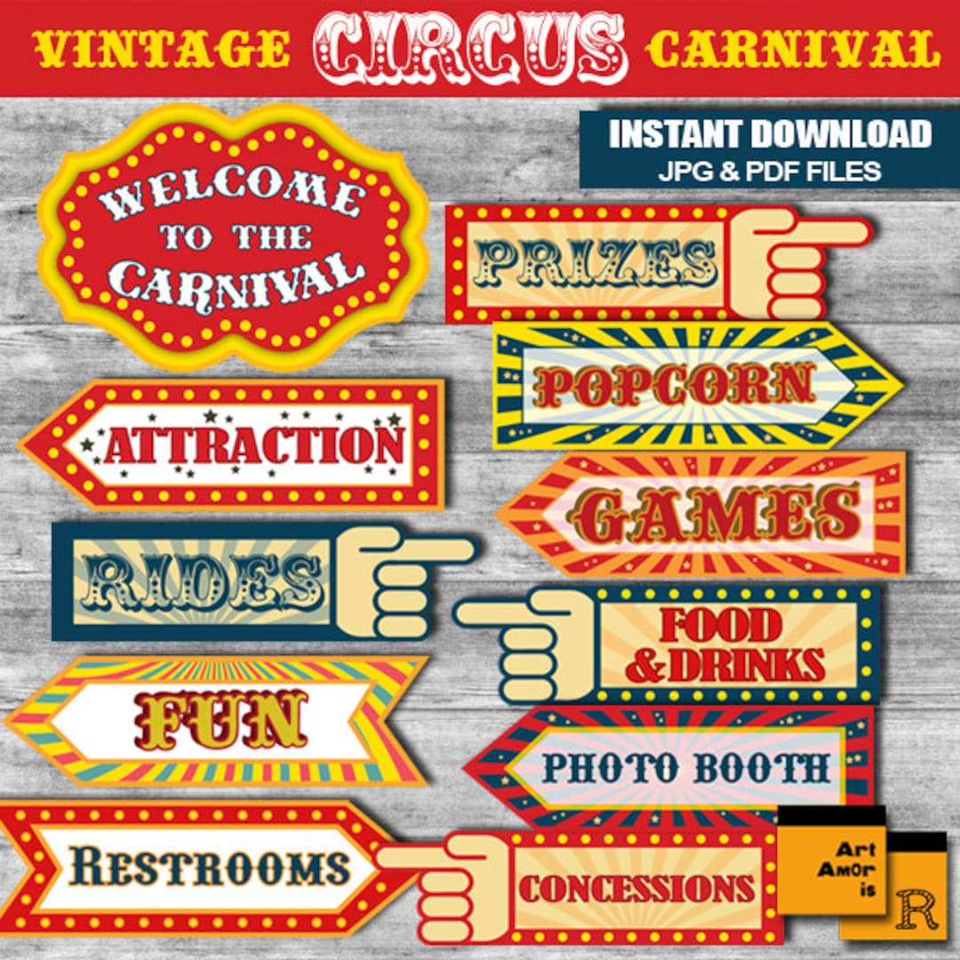 Vintage Circus Carnival Party Signs, Instant Download A3 Size JPG & PDF ...