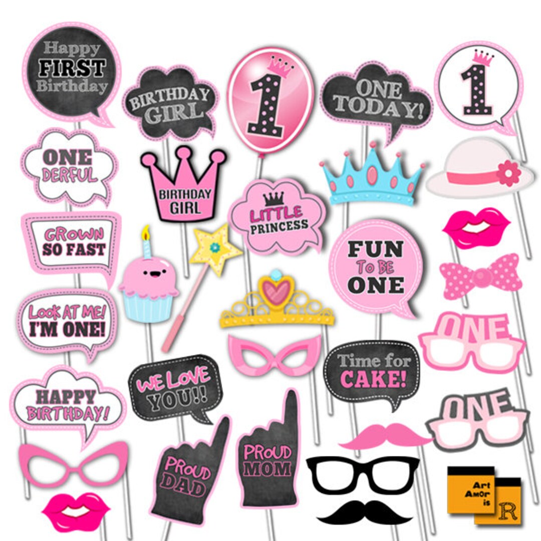 Girl 1st Birthday Photo Booth Props, First Birthday, Girl Birthday ...
