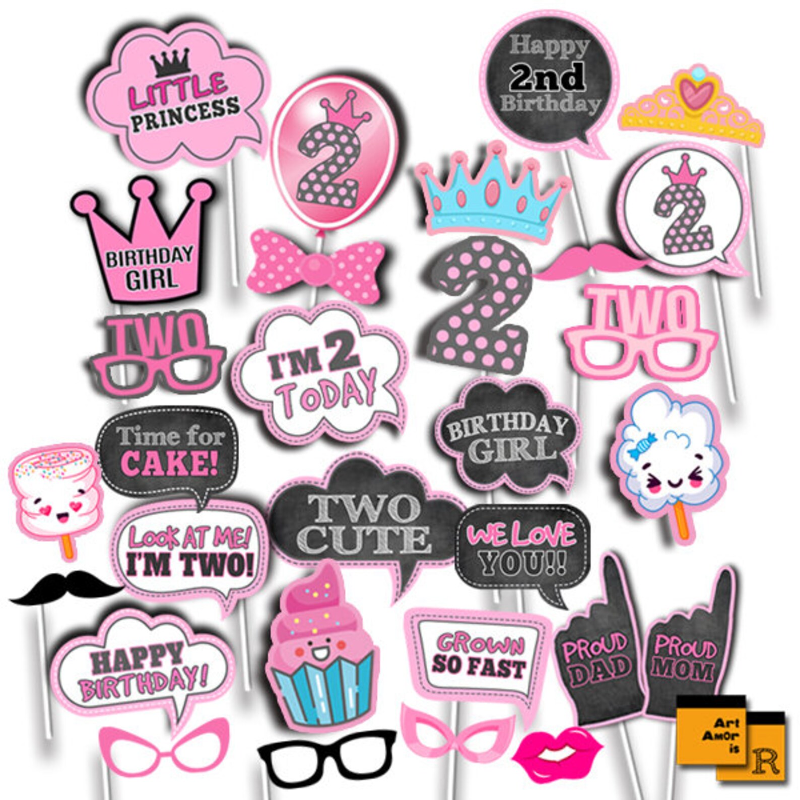 Girl 2nd Birthday Photo Booth Props, Second Birthday Printable, Girl ...