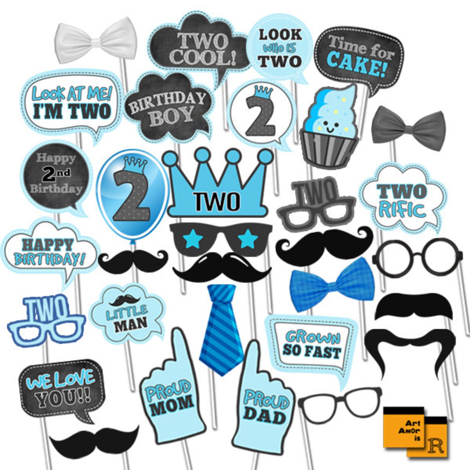 Boy 2nd Birthday Photo Booth Props: Little Man Party (instant Download ...