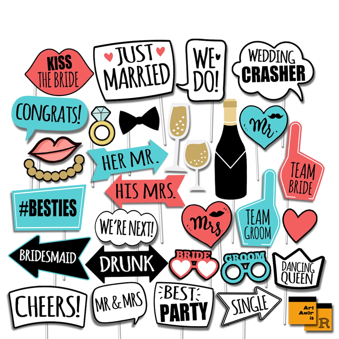 Wedding Photo Booth Props Wedding Party Printables Bride - Etsy