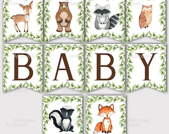 Woodland Animals Printable Banner Greenery Gold Forest Baby - Etsy