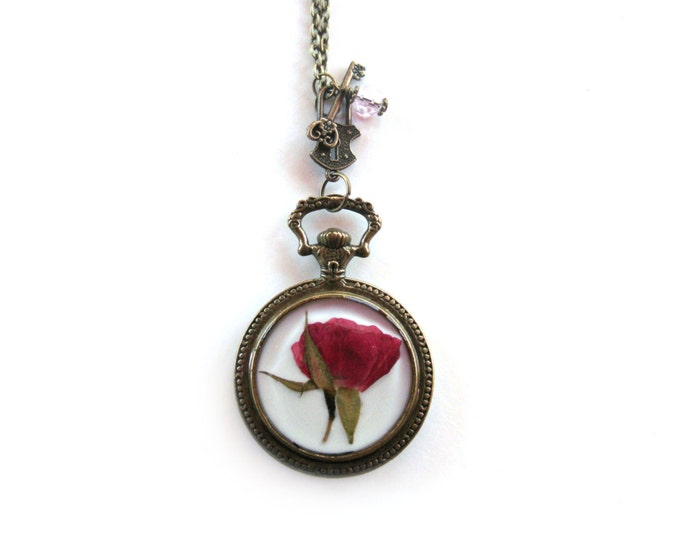 Rose Bud Resin Pendant Necklace Real Flower in Pocket Watch Bezel ...