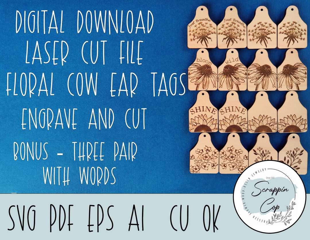 Floral Cow Ear Tag Earring Bundle - Laser Cut Digital File - Botanical ...