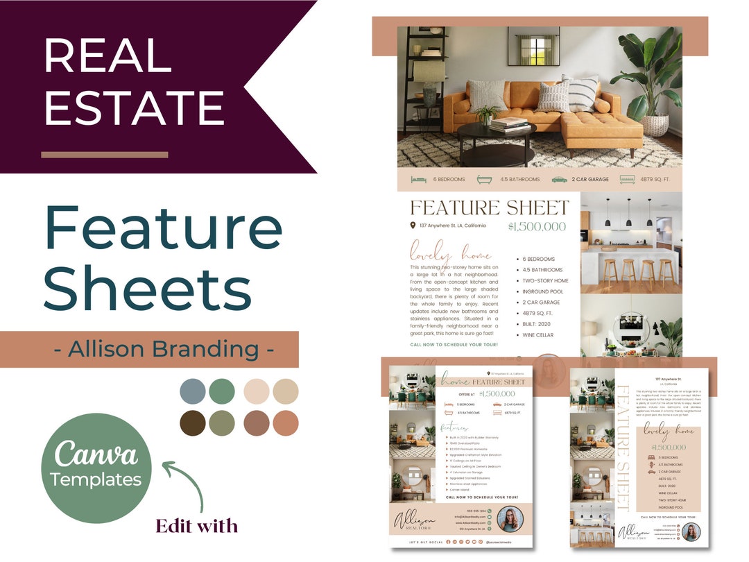 Real Estate Feature Sheets | Real Estate | Real Estate Canva Template ...