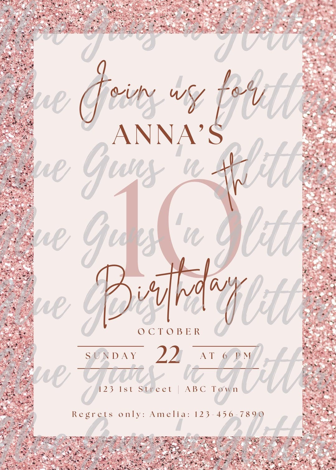 Editable Rose Gold Birthday Invitation | Canva Template | Glitter Party ...