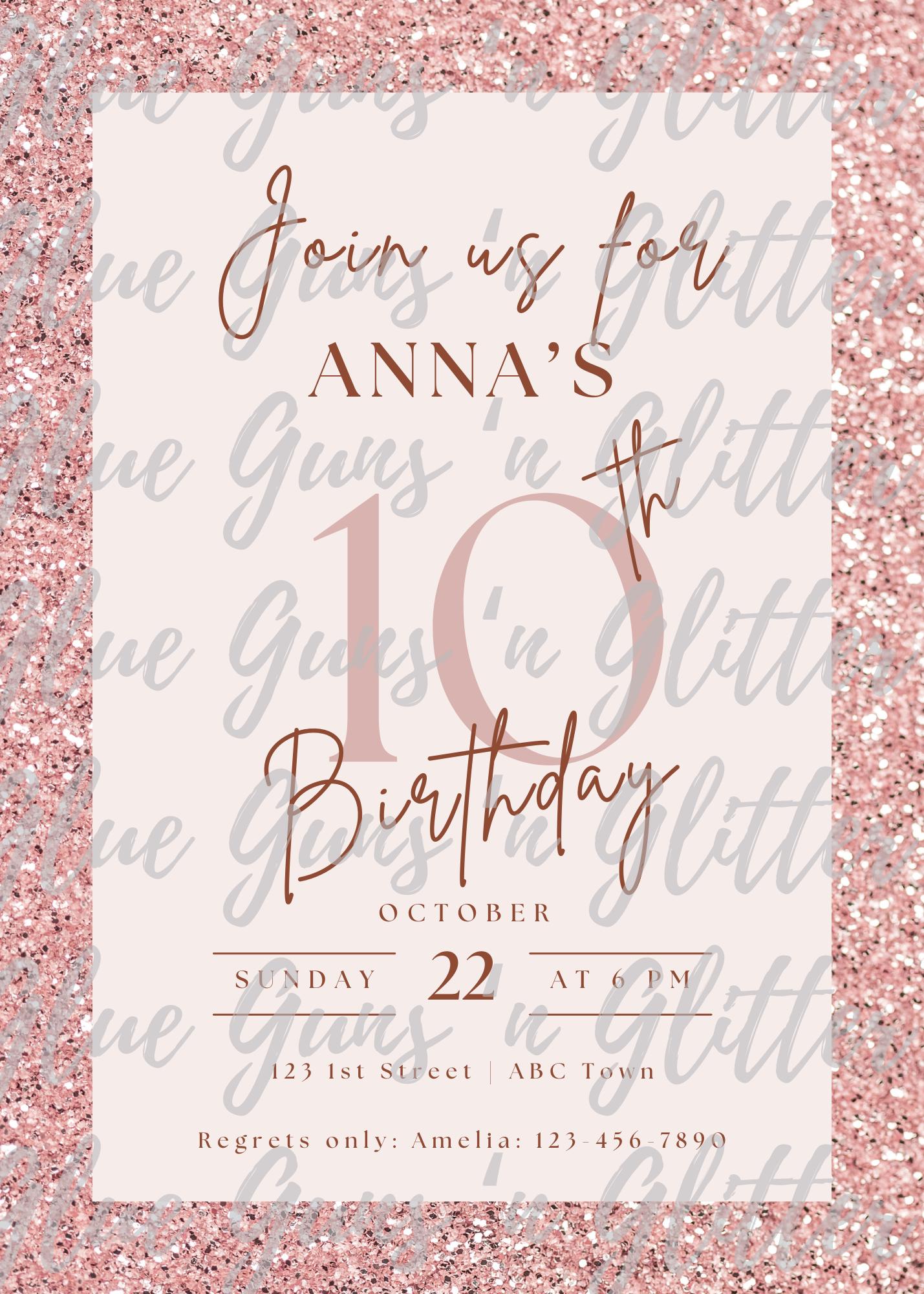 Editable Rose Gold Birthday Invitation | Canva Template | Glitter Party ...