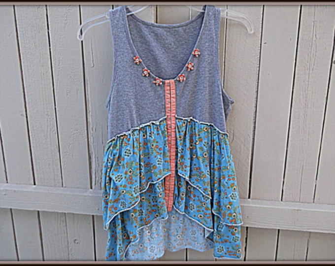 Upcycled Repurposed Womens Boho Tank Top Shirt Peach Grey Flower ...